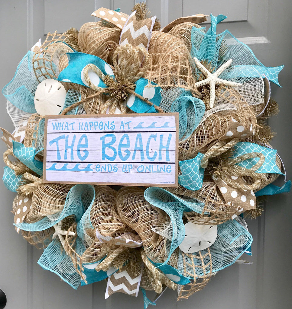 Beach Wreath, Burlap Deco Mesh Wreath with Seashells, Love Beach, Naut ...