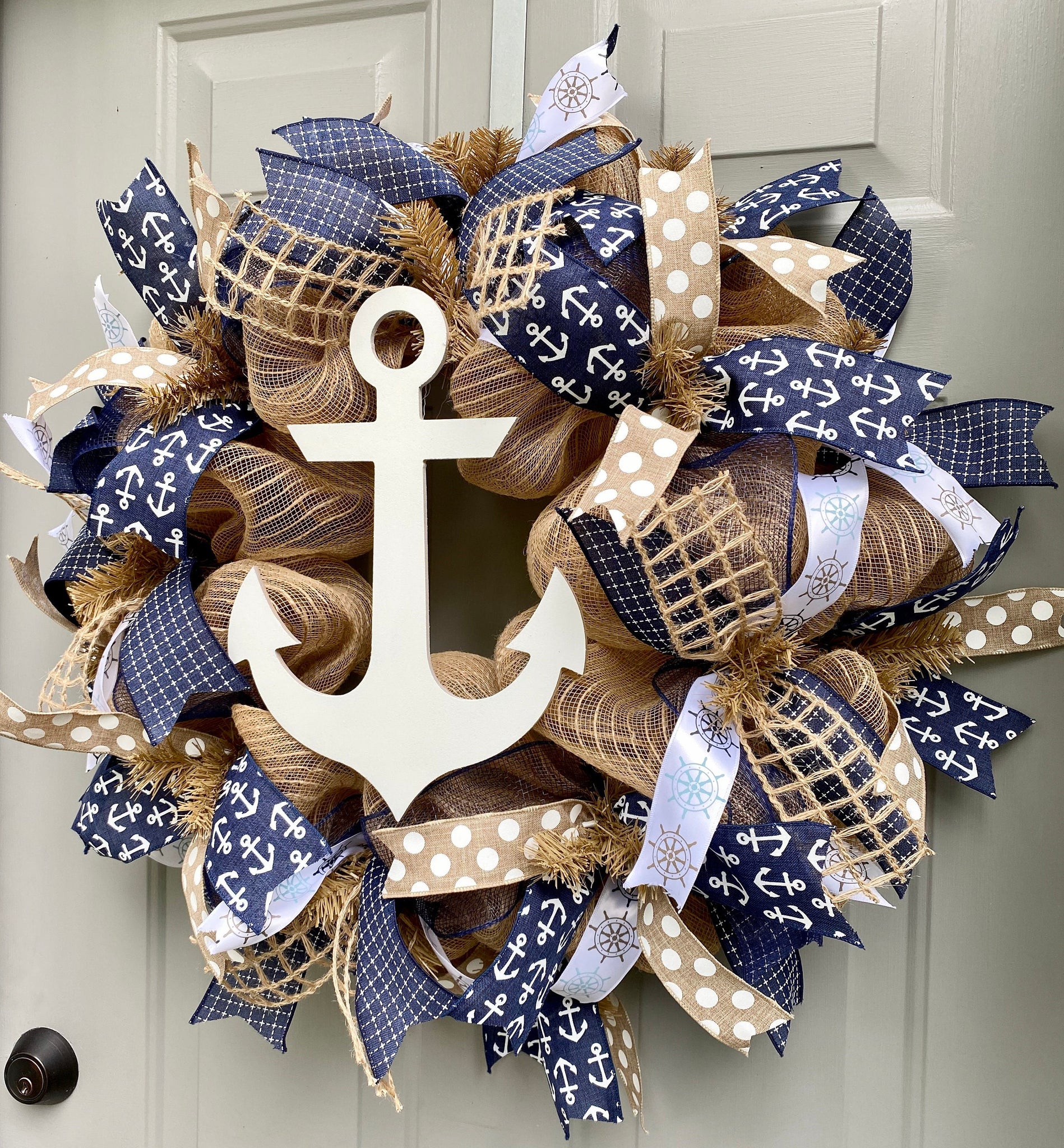 Anchor Nautical Burlap Deco Mesh Wreath With Navy, Beach Decor, Anchor ...
