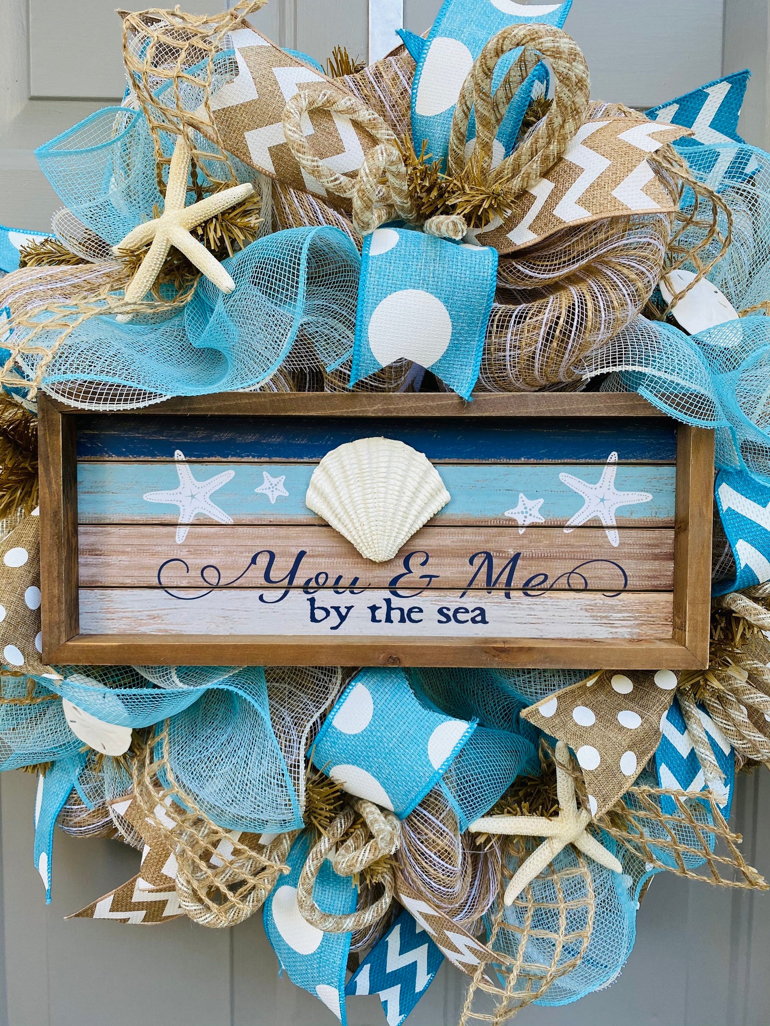 Beach Burlap Deco Mesh Wreath with Seashells, You and Me By The Sea, S ...