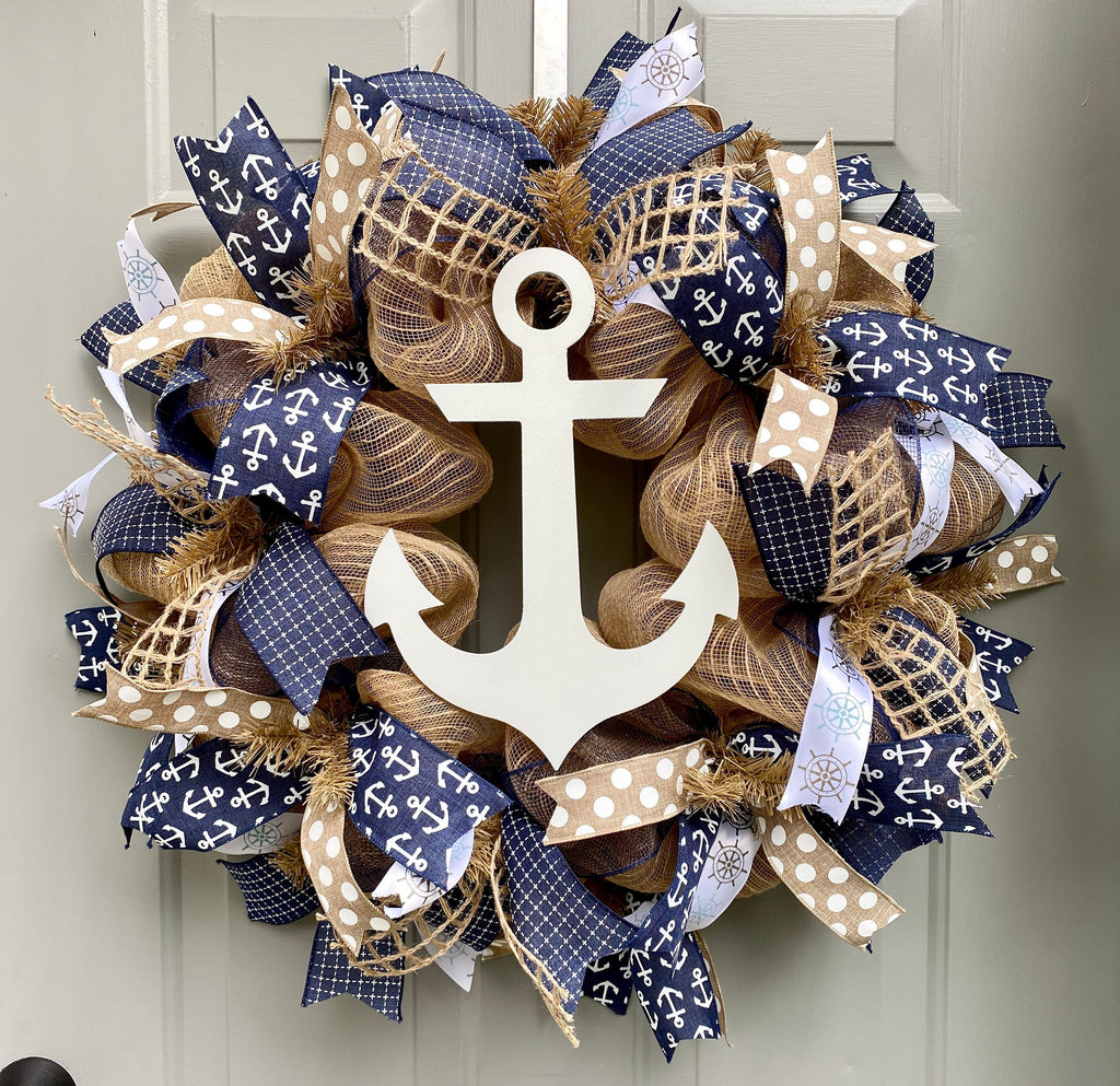 Anchor Nautical Burlap Deco Mesh Wreath With Navy, Beach Decor, Anchor ...