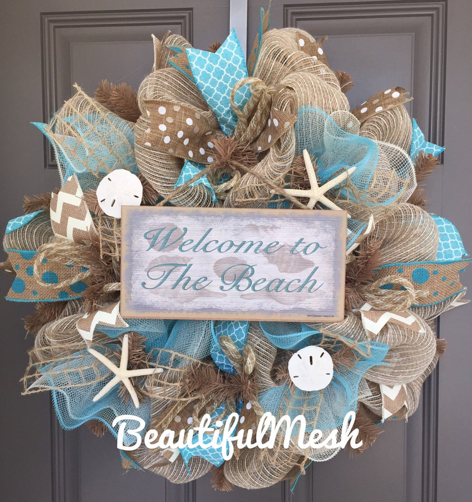Welcome to the Beach Burlap/Deco Mesh Wreath with Sea Shells, Seashell ...
